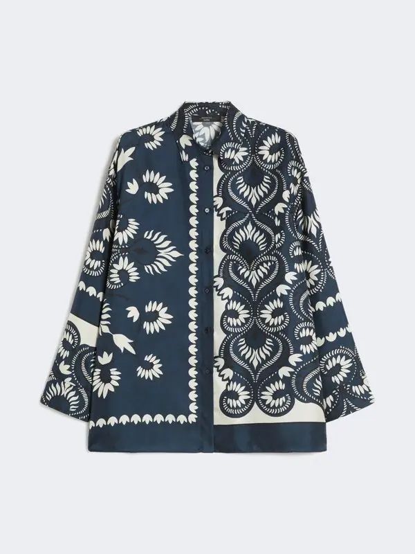 Max Mara Printed Silk Twill Patchwork Shirt - Navy
