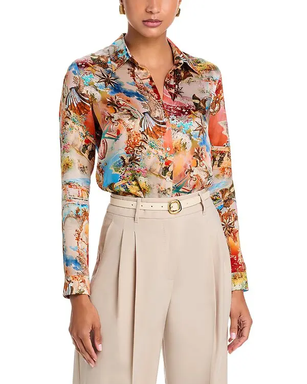 L'Agence Tyler Silk Printed Split Neck Blouse - Multi Collage