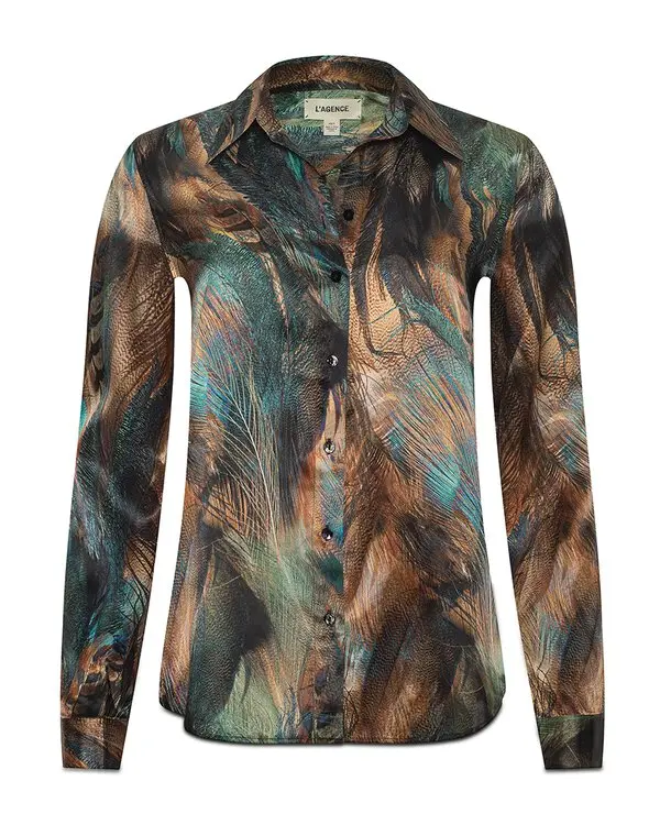 L'Agence Tyler Long Sleeve Blouse - Teal Multi Mix Feather