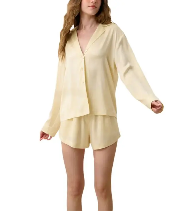 Lunya Silk Button Up Long Sleeve Short Set - French Butter