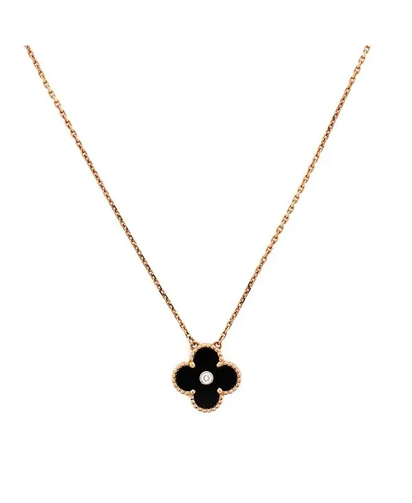 VAN CLEEF & ARPELS Vintage Alhambra Pendant Necklace In 18k Rose Gold With Onyx And Diamond - Pink