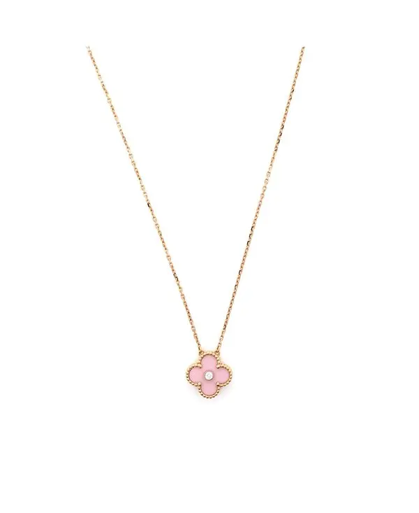 VAN CLEEF & ARPELS Vintage Alhambra Pendant Necklace 18k Rose Gold, Porcelain And Diamond - Pink