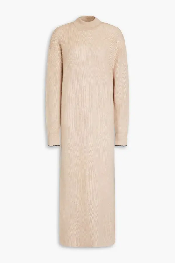 Brunello Cucinelli Bead-embellished Alpaca-blend Ribbed Midi Dress - Sand