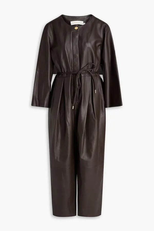 Zimmermann Pleated Leather Jumpsuit - Dark Brown