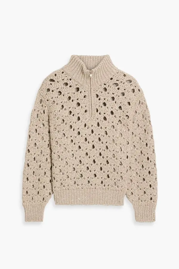 Brunello Cucinelli Sequin-embellished Open-knit Cashmere-blend Half-zip Sweater