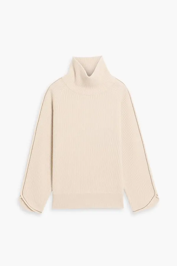 Brunello Cucinelli Bead-embellished Ribbed Cashmere Turtleneck Sweater - Beige