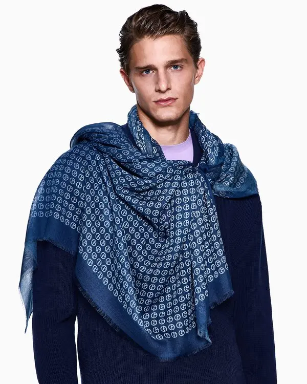 Giorgio Armani Printed Cashmere And Modal Stole - Navy_blue