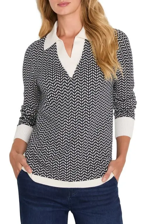 NIC+ZOE Two-tone Jacquard Cotton Blend Sweater - Indigo Multi