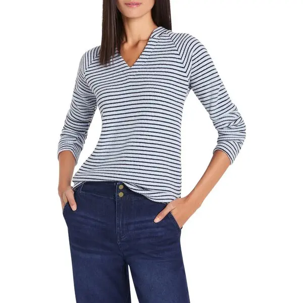 NIC+ZOE Striped Thermal Split Neck Long Sleeve Top - Blue Multi