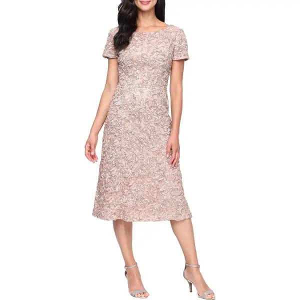 Alex Evenings Sequin Soutache Lace Cocktail Midi Dress - Champagne