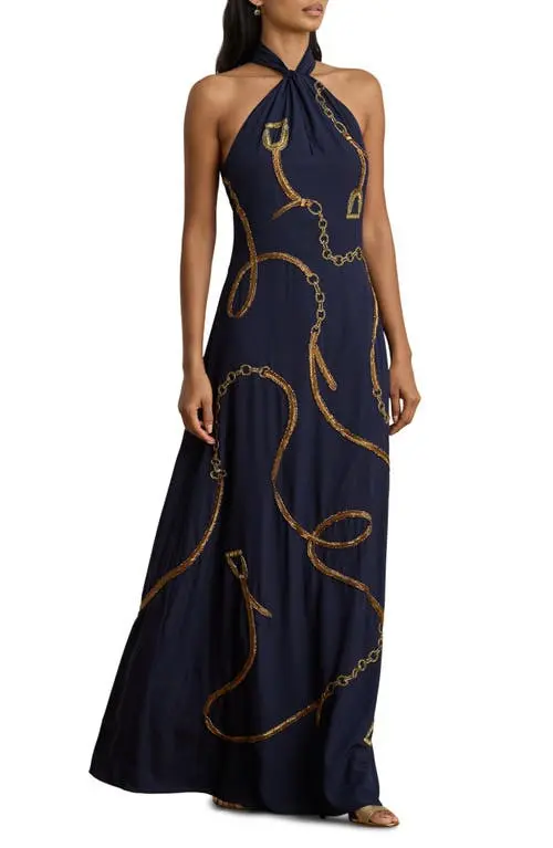 Ralph Lauren Beaded Sequin Halter Gown