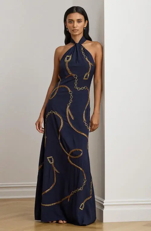 Ralph Lauren Beaded Sequin Halter Gown