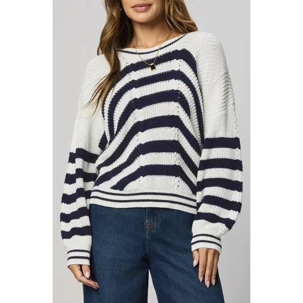 Splendid Vienna Chevron Cotton Sweater - White/navy Blue