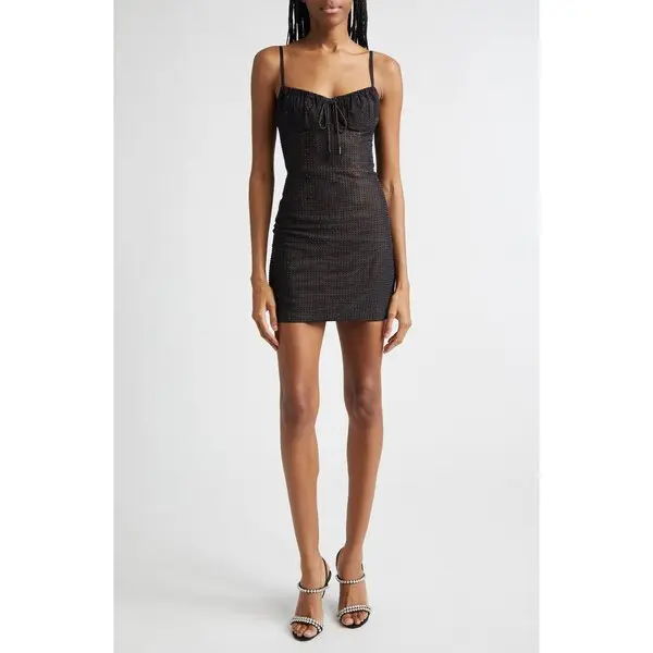 AREA Crystal Hotfix Mesh Minidress - Black