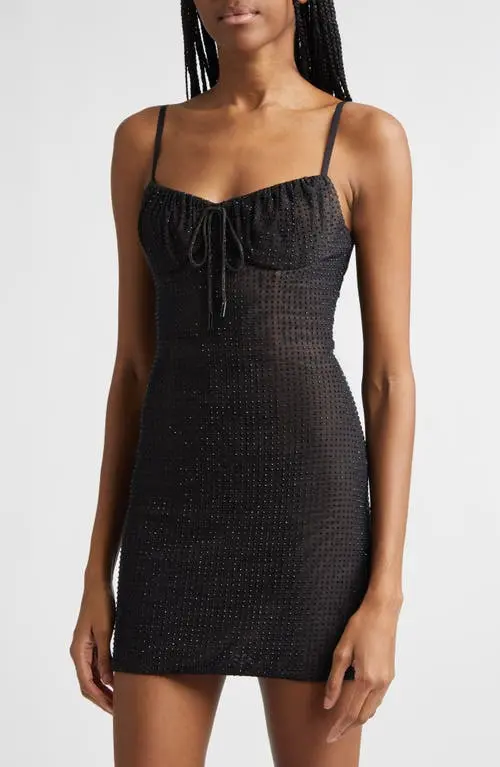 AREA Crystal Hotfix Mesh Minidress - Black
