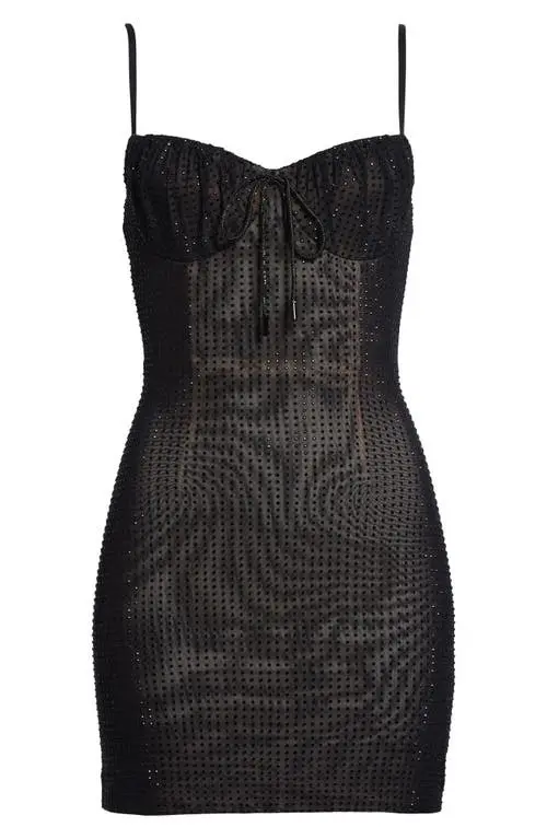 AREA Crystal Hotfix Mesh Minidress - Black