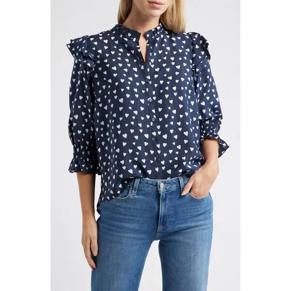 Caslon Printed Ruffle Top - Navy- White Floating Hearts