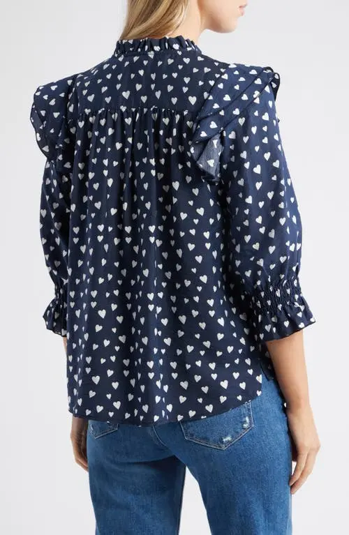 Caslon Printed Ruffle Top - Navy- White Floating Hearts