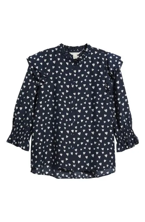 Caslon Printed Ruffle Top - Navy- White Floating Hearts