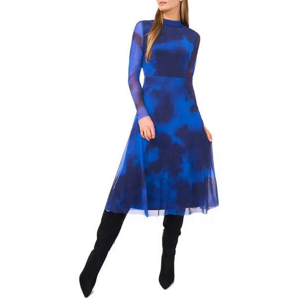 Halogen Dye Long Sleeve Mesh Midi Dress