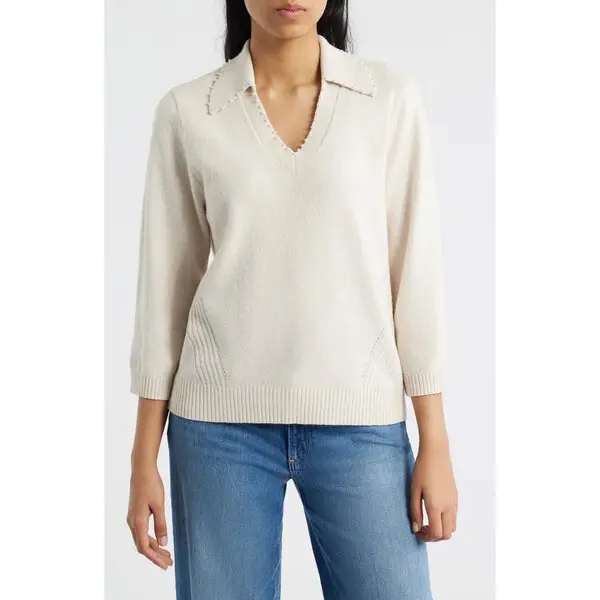 Wit & Wisdom Bead Trim Collared Sweater - Winter Pearl