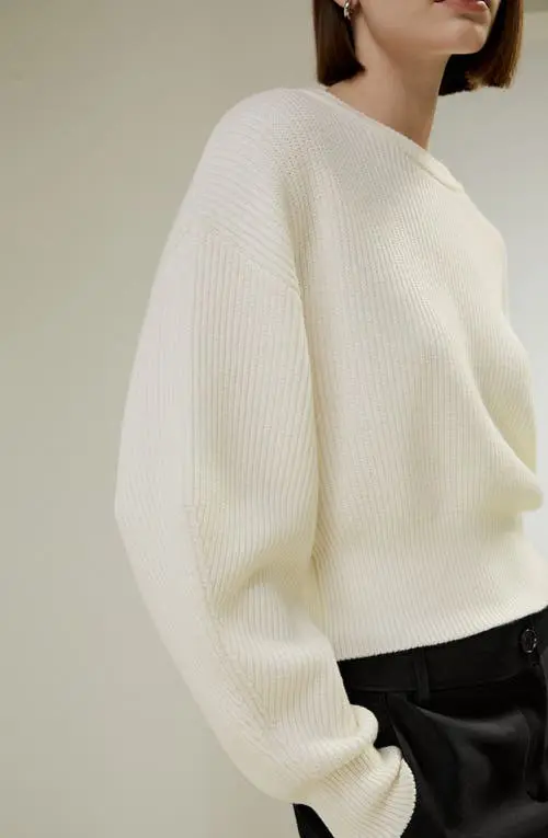 Lilysilk Round Neck Drop-shoulder Merino Wool Sweater - White