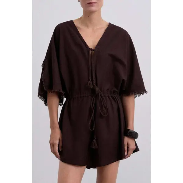 SCALPERS Short Rustic Linen Jumpsuit - Brown