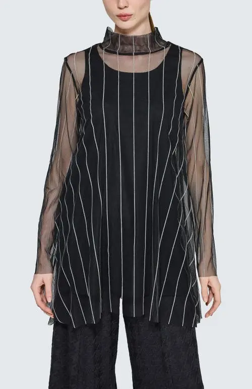 LUUKAA Striped Mesh Layered Blouse - Black Ecru