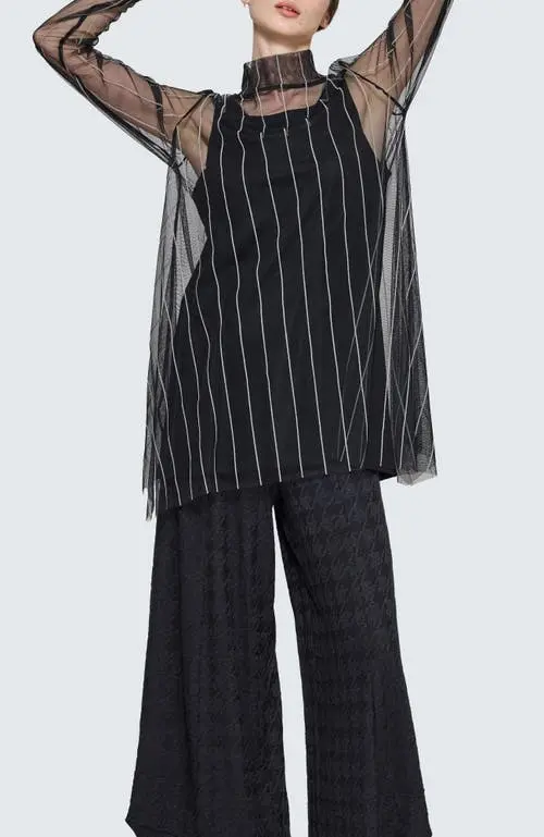 LUUKAA Striped Mesh Layered Blouse - Black Ecru