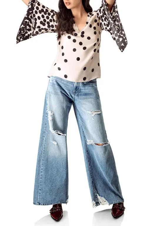 IVONNE Polka Dot V-neck Blouse With Wide Sleeves - Natural