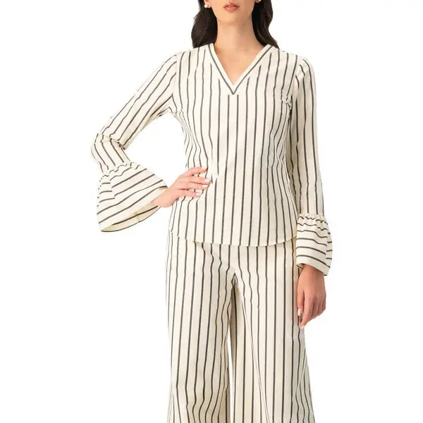 IVONNE Striped V-neck Shirt - Natural