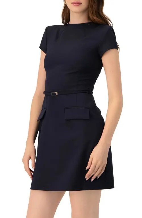 navy blue dress for baby girl Abstract Print Blue A-line Dress With Belt | Dresses For Women main image 0