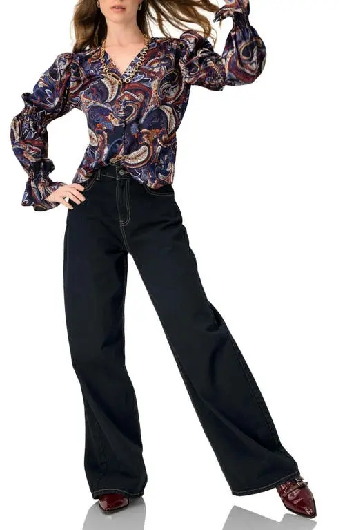 IVONNE V-neck Paisley Printed Shirt With Smocked Sleeves