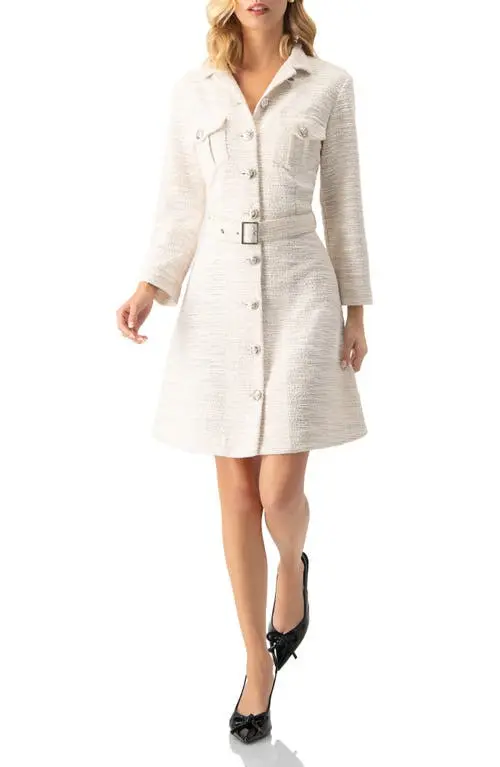 IVONNE Tweed Button Down Belted Midi Dress