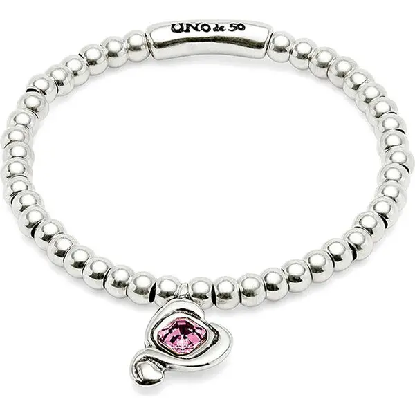 UNODE50 Beaded Stretch Bracelet With Heart And Pink Crystal - Silver