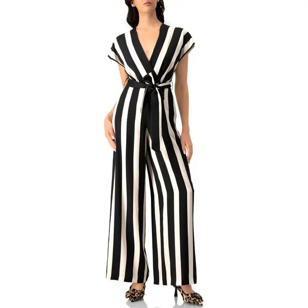 IVONNE Striped V-neck Jumpsuit With Waist Tie - Black