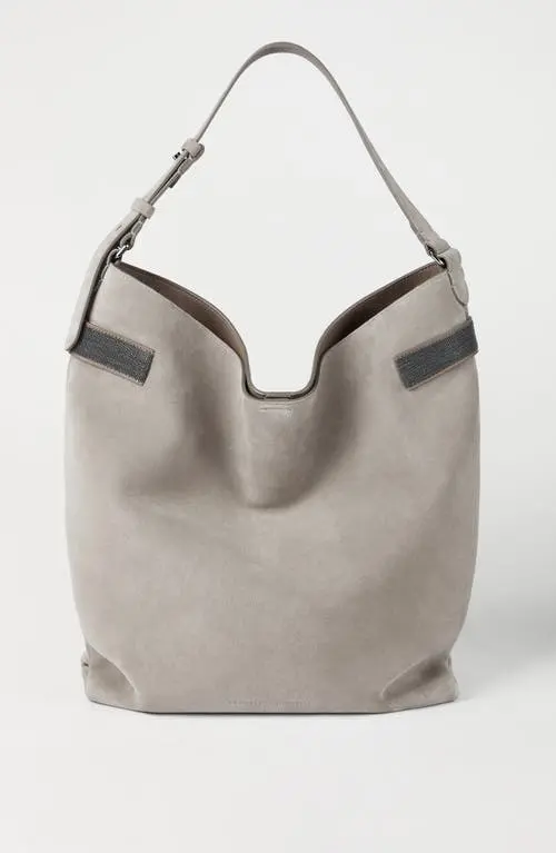 Brunello Cucinelli Suede Hobo Bag - Light Grey