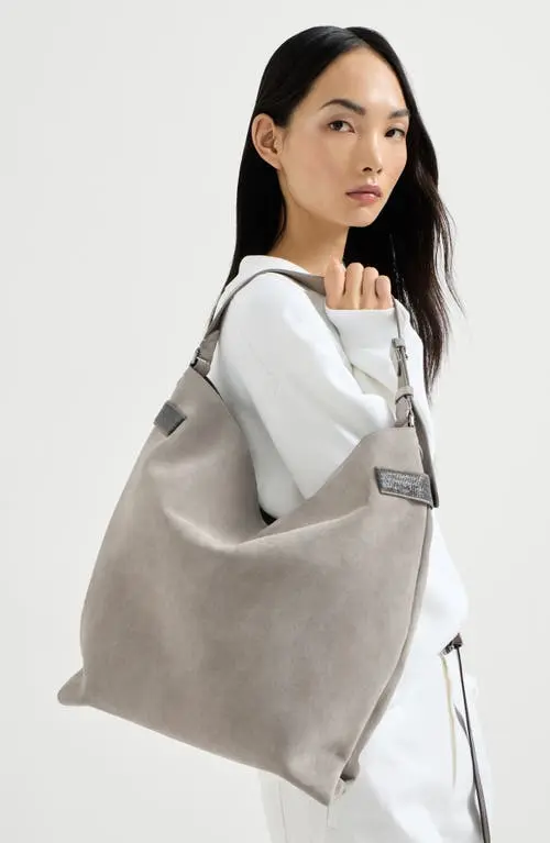 Brunello Cucinelli Suede Hobo Bag - Light Grey