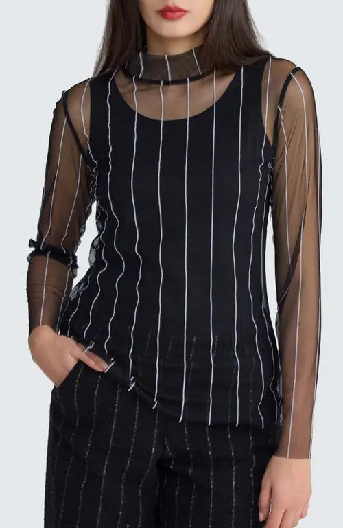 LUUKAA Eisley Striped Mesh Blouse - Black Ecru
