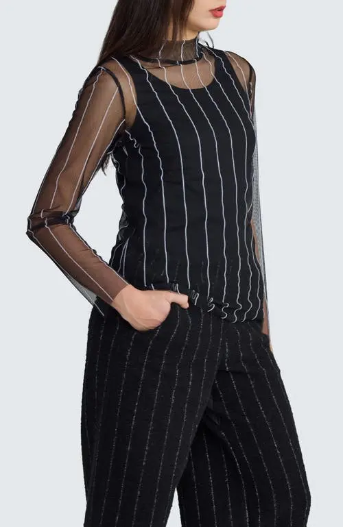 LUUKAA Eisley Striped Mesh Blouse - Black Ecru