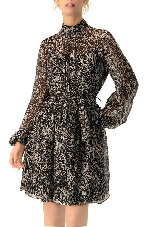 IVONNE Paisley Printed Short Dress With Tie - Black