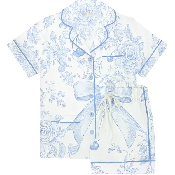 KIP Toile Bow Print Short Pajama Set - Blue Bow
