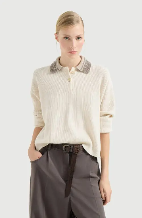 Brunello Cucinelli Polo With Embellished Collar - Beige