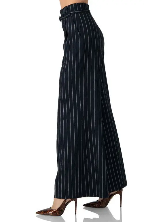 IVONNE Striped Wide-leg Trousers With Belt - Navy Blue