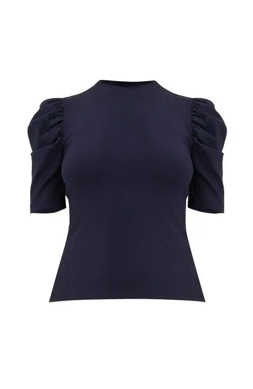 IVONNE Puff Shoulder Ribbed-knit T-shirt - Navy Blue