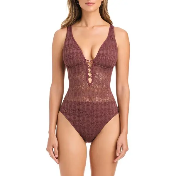 BLEU BY ROD BEATTIE Lace Overlay One-piece Swimsuit - Coffee