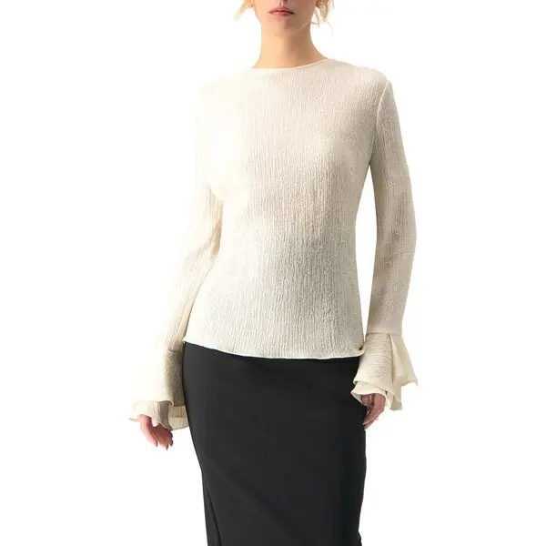 IVONNE Long Sleeve Ruffled Cuff Textured Blouse - Natural