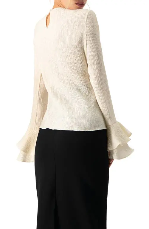 IVONNE Long Sleeve Ruffled Cuff Textured Blouse - Natural