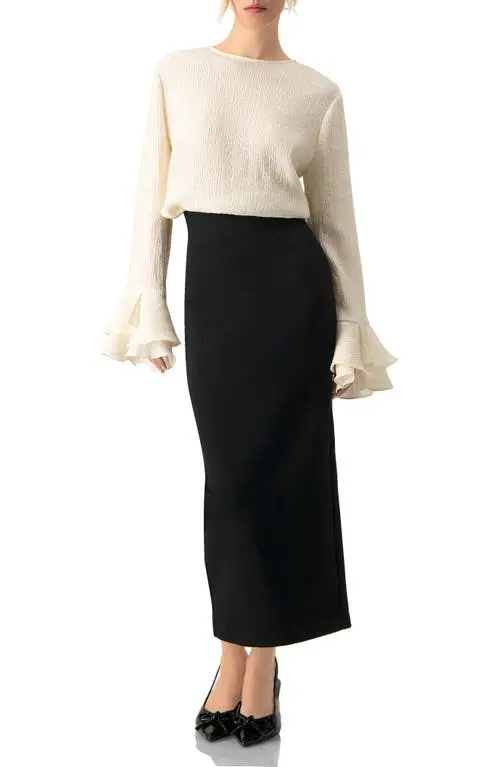 IVONNE Long Sleeve Ruffled Cuff Textured Blouse - Natural