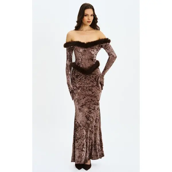 MISS CIRCLE NEW YORK Tessa Sweetheart Bardot Faux Fur Velvet Mermaid Maxi Dress - Coffee